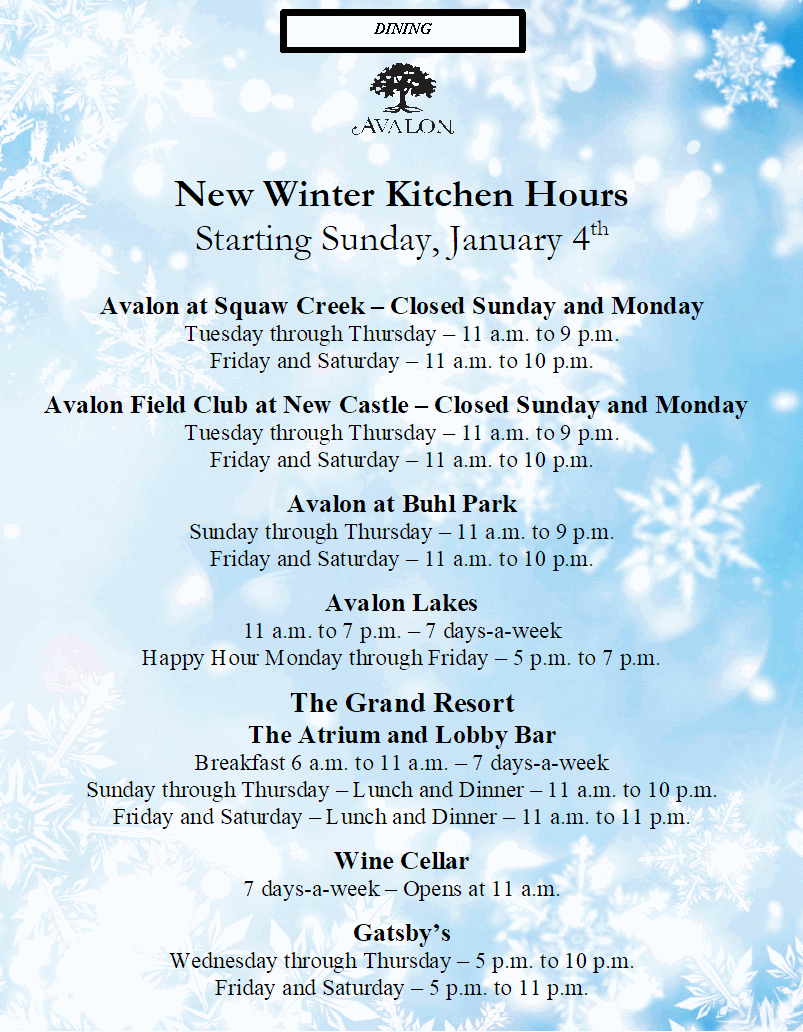 New Winter Kitchen Hours Starting Sunday, January 4th - The Grand Resort